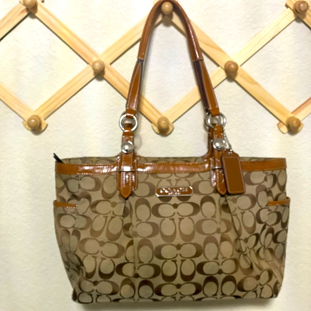 Coach Signature East West Canvas Leather Tote Handbag - Gem